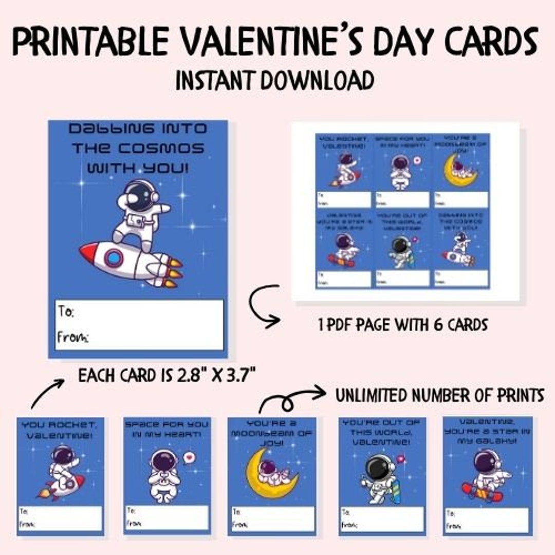 Printable Astronaut Valentine's Day Cards, Classroom Valentine's Day ...