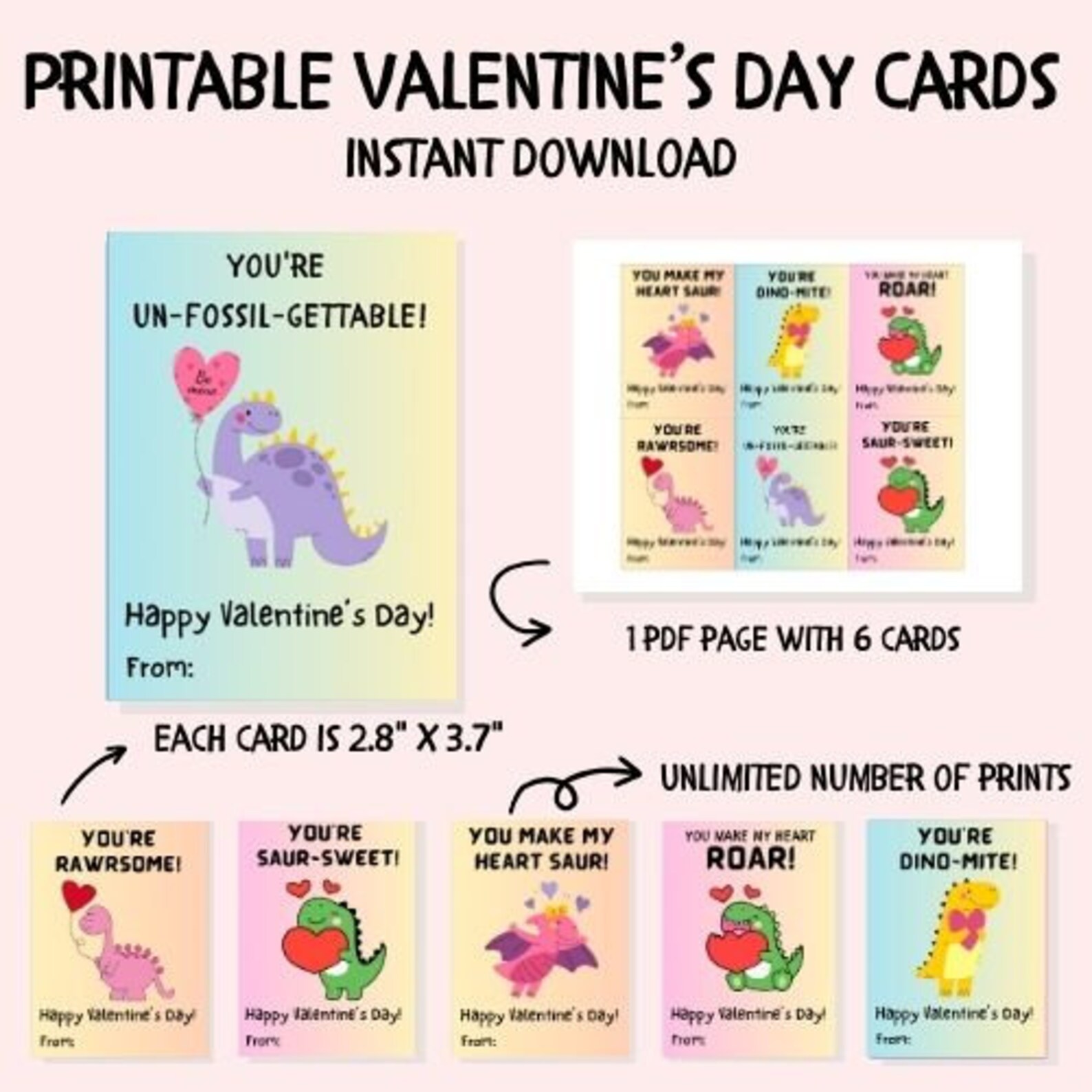 Printable Dinosaur Valentine's Day Cards, Classroom Valentine's Day ...