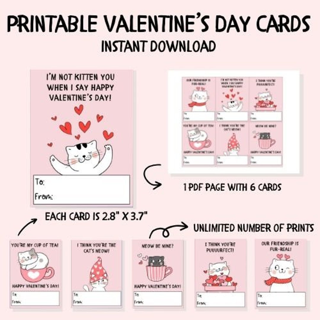 Printable Cat Valentine's Day Cards, Classroom Valentine's Day Cards ...