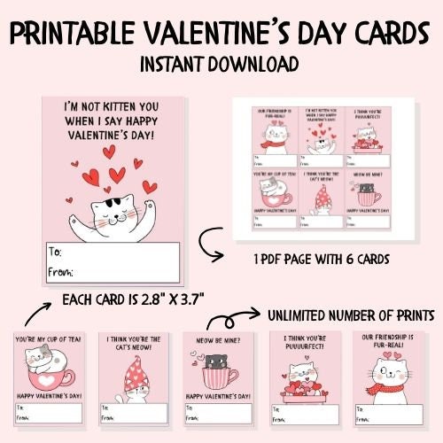 Printable Cat Valentine's Day Cards, Classroom Valentine's Day Cards ...
