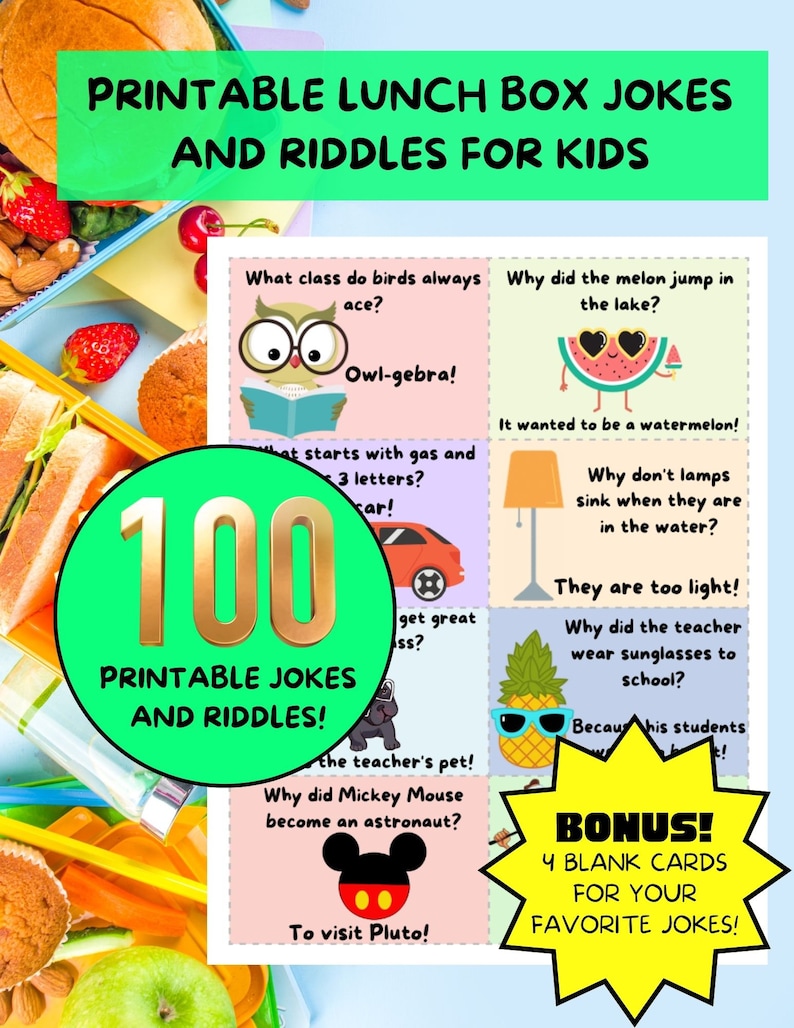 100 Printable Joke Lunchbag Cards for Kids, Instant Download Kids Joke ...