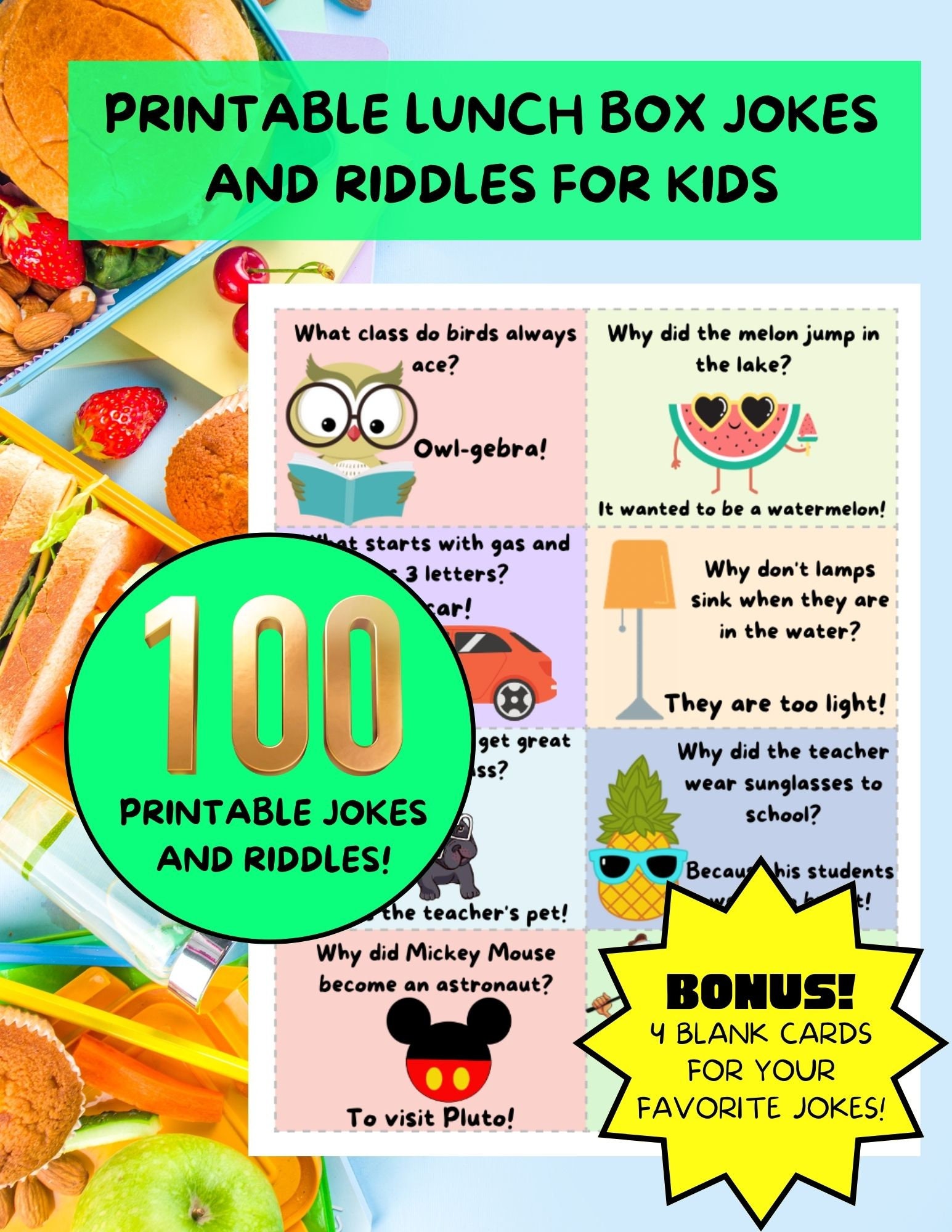 100 Printable Joke Lunchbag Cards for Kids, Instant Download Kids Joke ...