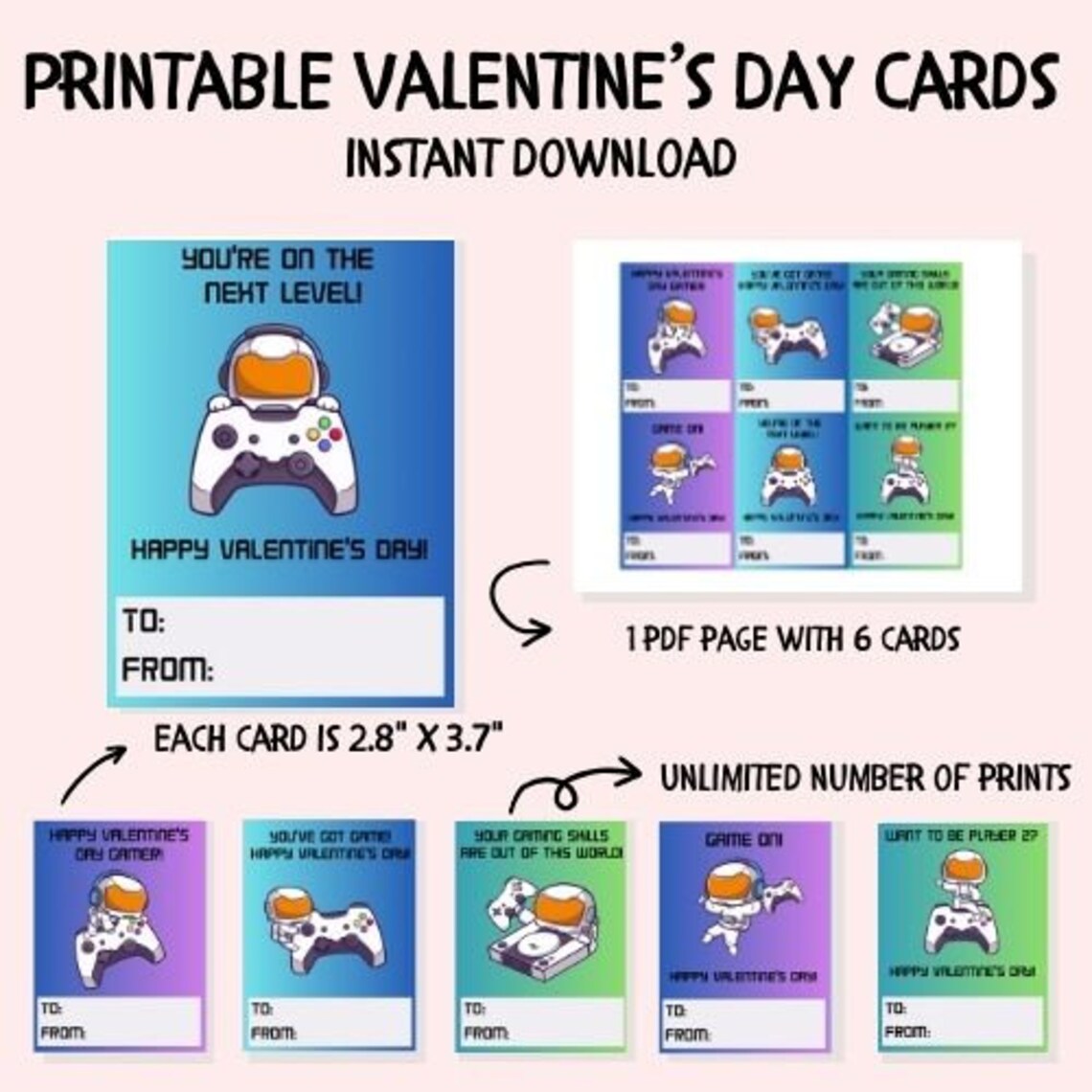 Printable Gamer Valentine's Day Cards, Classroom Valentine's Day Cards ...