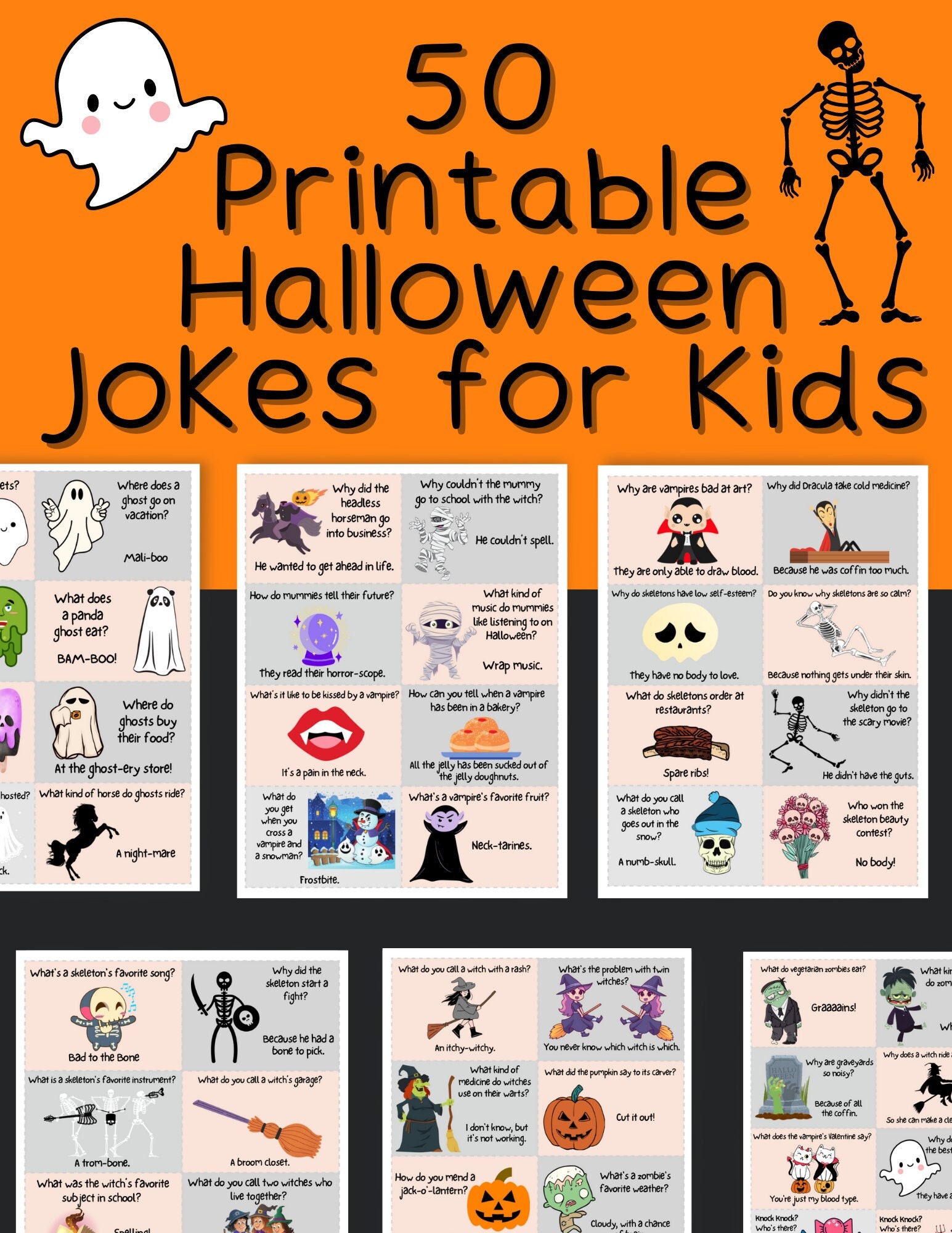 50 Printable Halloween Jokes Lunchbag Cards for Kids, Instant Download ...