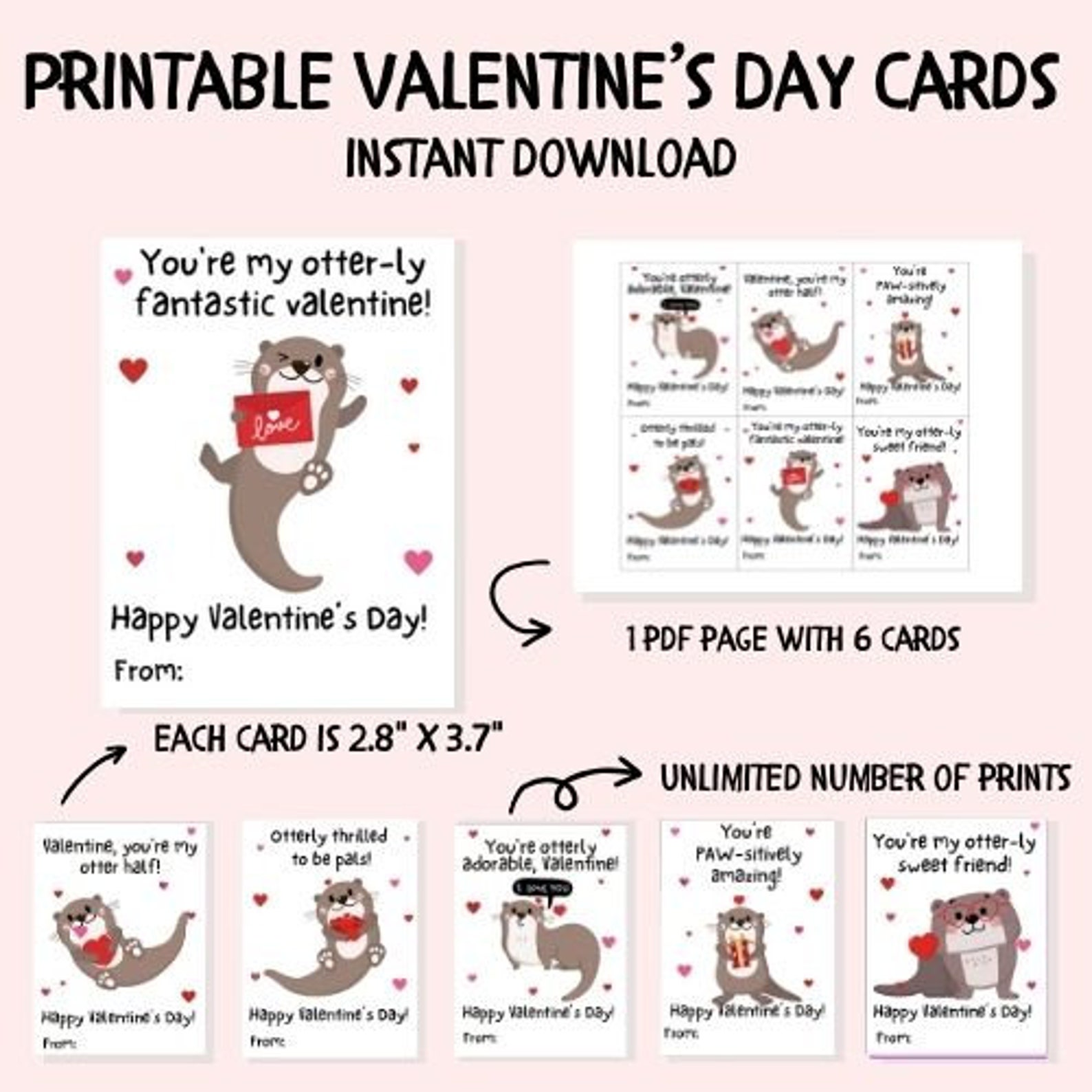 Printable Otter Valentine's Day Cards, Classroom Valentine's Day Cards ...