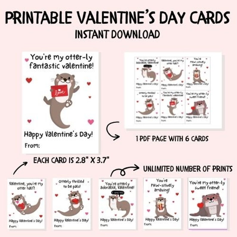 Printable Otter Valentine's Day Cards, Classroom Valentine's Day Cards ...