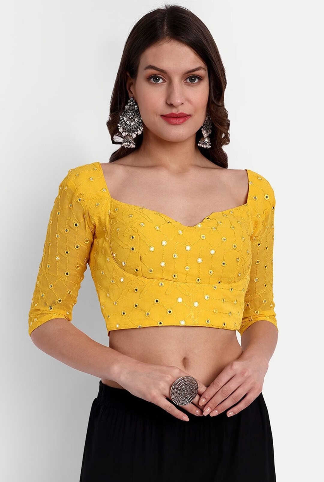 Woman Mirror Work SAREE BLOUSE, Back Open, Short Sleeves, Party Wear ...