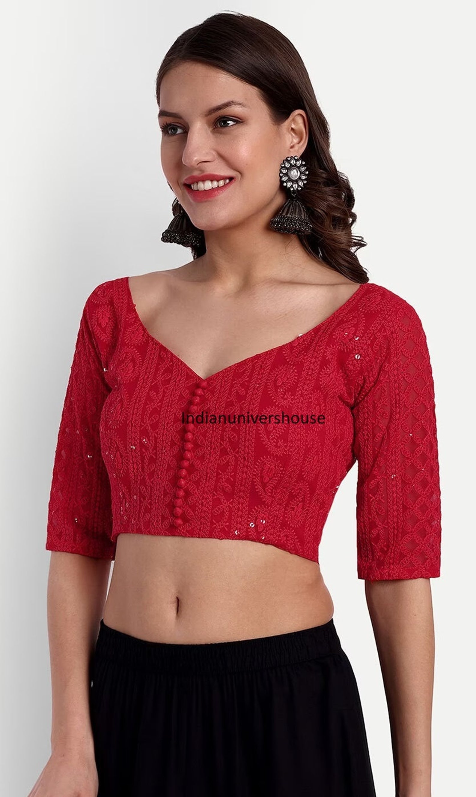 Red Chikankari EMBROIDERED BLOUSE, Back Open, Short Sleeves, Woman ...