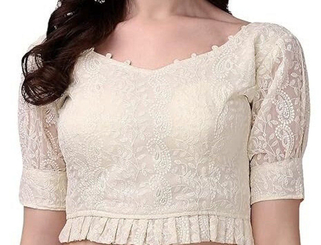 White BLOUSE Chikankari Puff Sleeve Blouse Embroidered Blouse,half ...