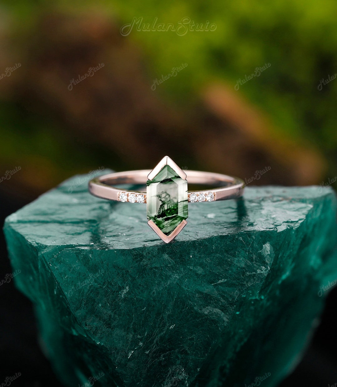 Moss Agate Engagement Ring for Her, Women's Jewelry,accents 6 Diamond ...
