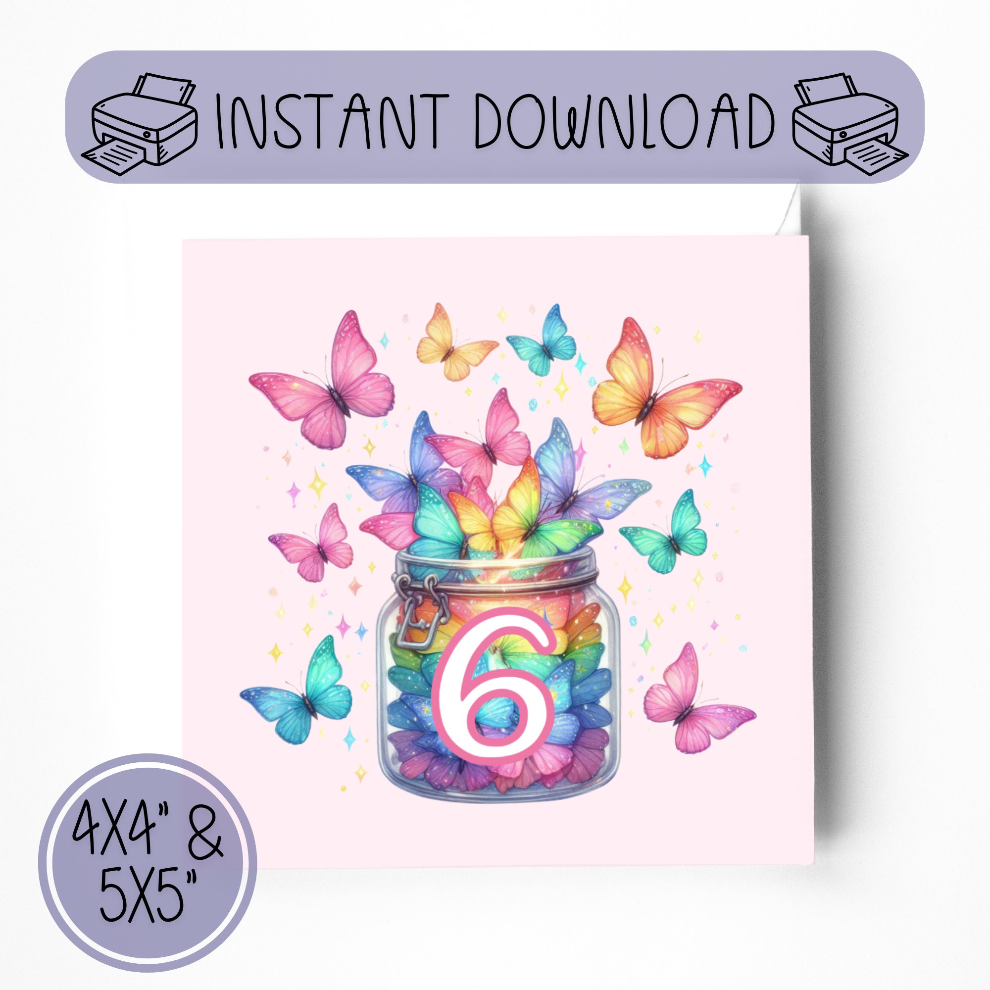 PRINTABLE 6th Birthday Card Instant Download Sweet 6 Magical Butterfly ...