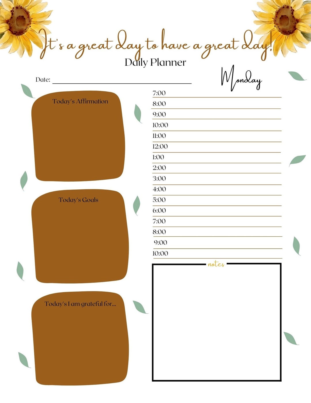 7 Day Week Planner, Hourly Planner, Affirmation, Goals, Gratitude ...