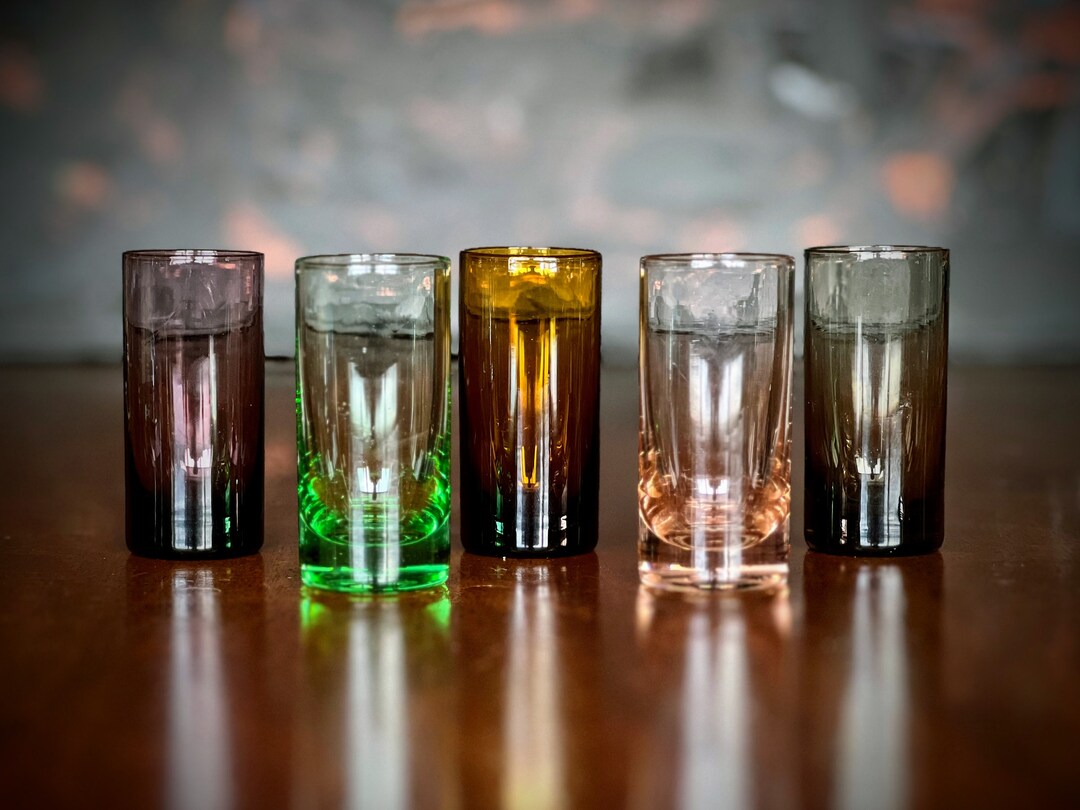 Handblown Shot Glasses, Mid Century, Pink, Green, Smoke, Amber, Purple ...