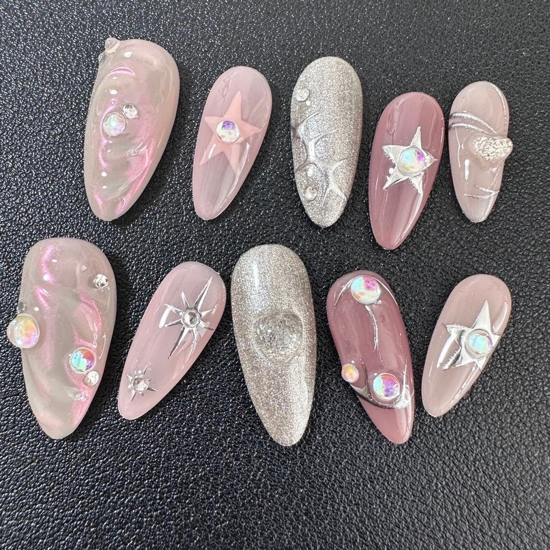 Pink Stardust Press on Nails Manicure/reusable/ Almond Shape 22 Mm - Etsy