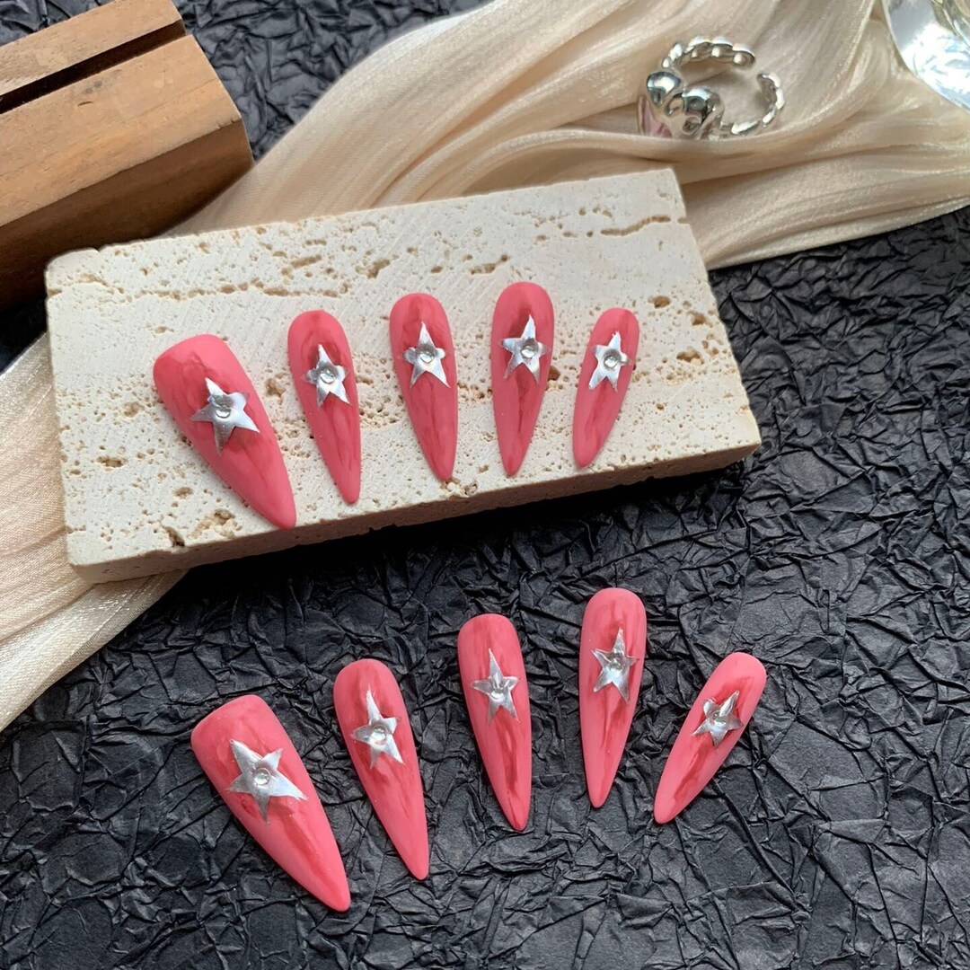 Vivid Red Matte Pentagram Press on Nails Manicure/ Reusable Nails ...