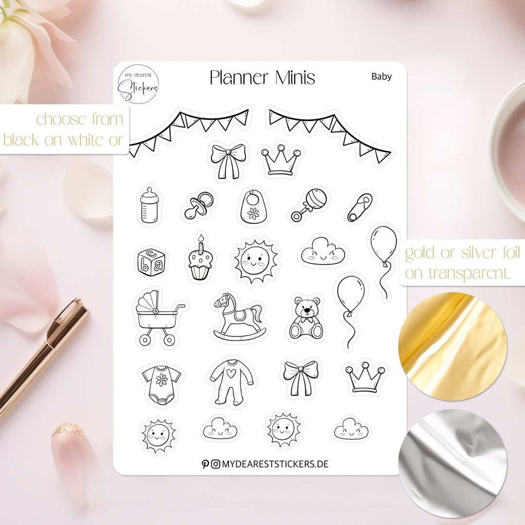 Planner Mini Sticker Gold baby Party Babyshower for Bujo, Journaling ...