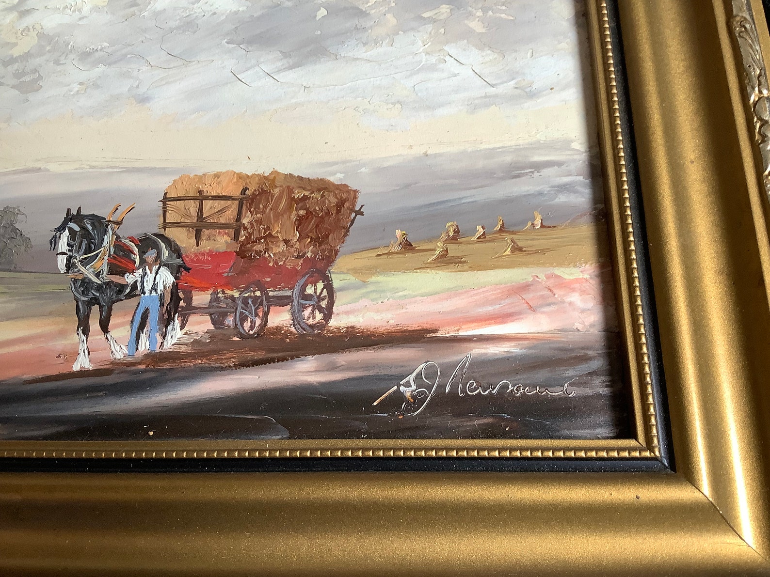 Vintage Original Oil Painting Shire Horse & Haycart Agricultural ...