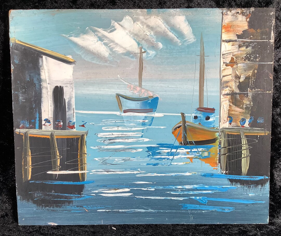 Harbour Boats Coast Seascape Scene Original Vintage Oil Canvas on Board ...