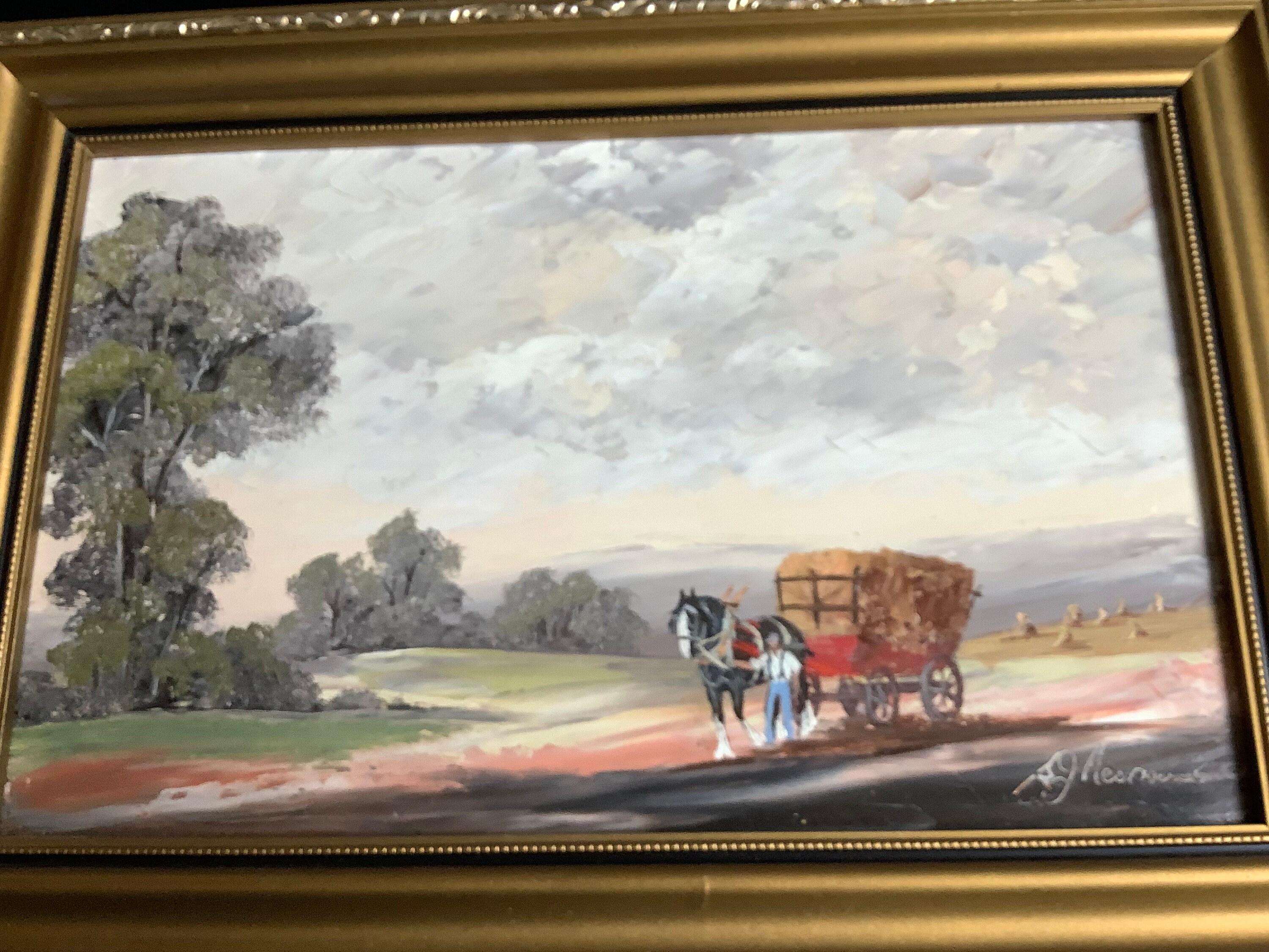 Vintage Original Oil Painting Shire Horse & Haycart Agricultural ...