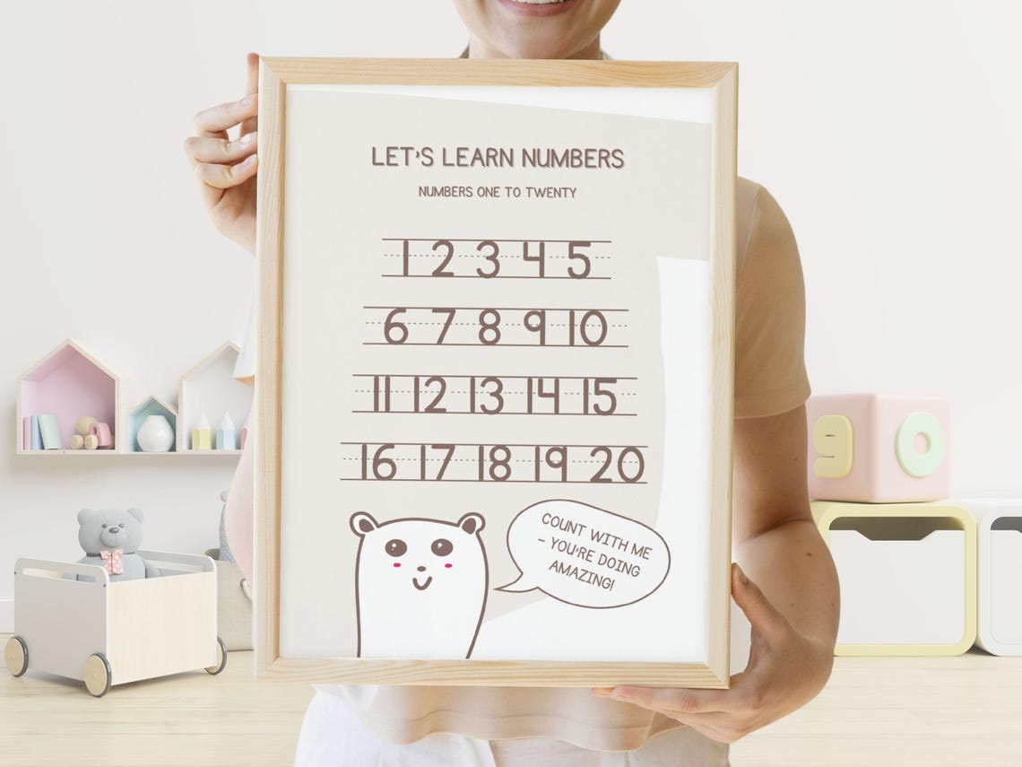 Number Chart Poster for Kids – 1 to 20 Printable Chart, Bear Nursery ...