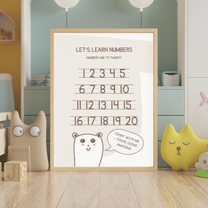 Number Chart Poster for Kids – 1 to 20 Printable Chart, Bear Nursery ...