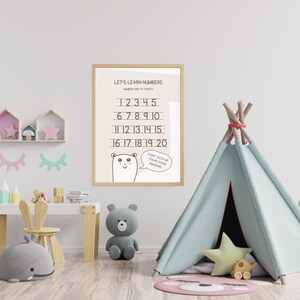 Number Chart Poster for Kids – 1 to 20 Printable Chart, Bear Nursery ...