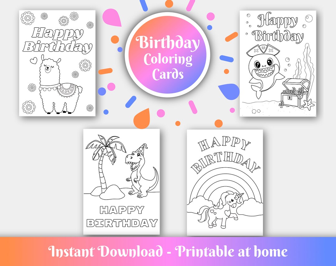 Birthday Colorings for Kids Printable Cards Pack of 4 PDF - Etsy