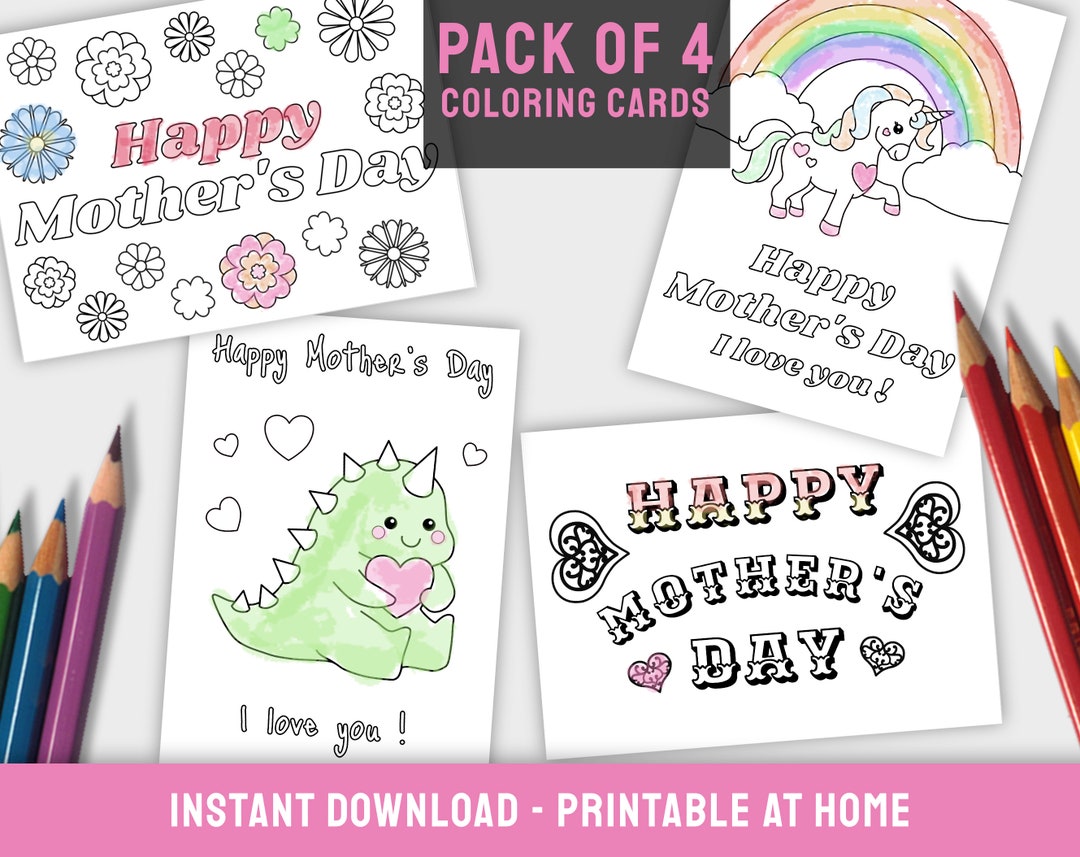 Mothers Day Coloring Cards for Kids Pack of 4 Printable PDF - Etsy