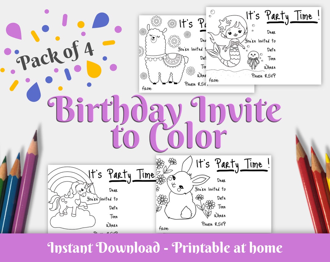 Birthday Invitations to Color for Girl Digital Download to Print at ...