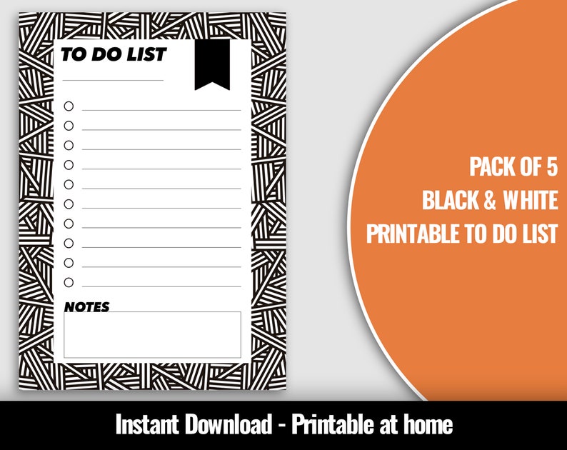Printable to Do List Pack of 5 Black and White Design - Etsy