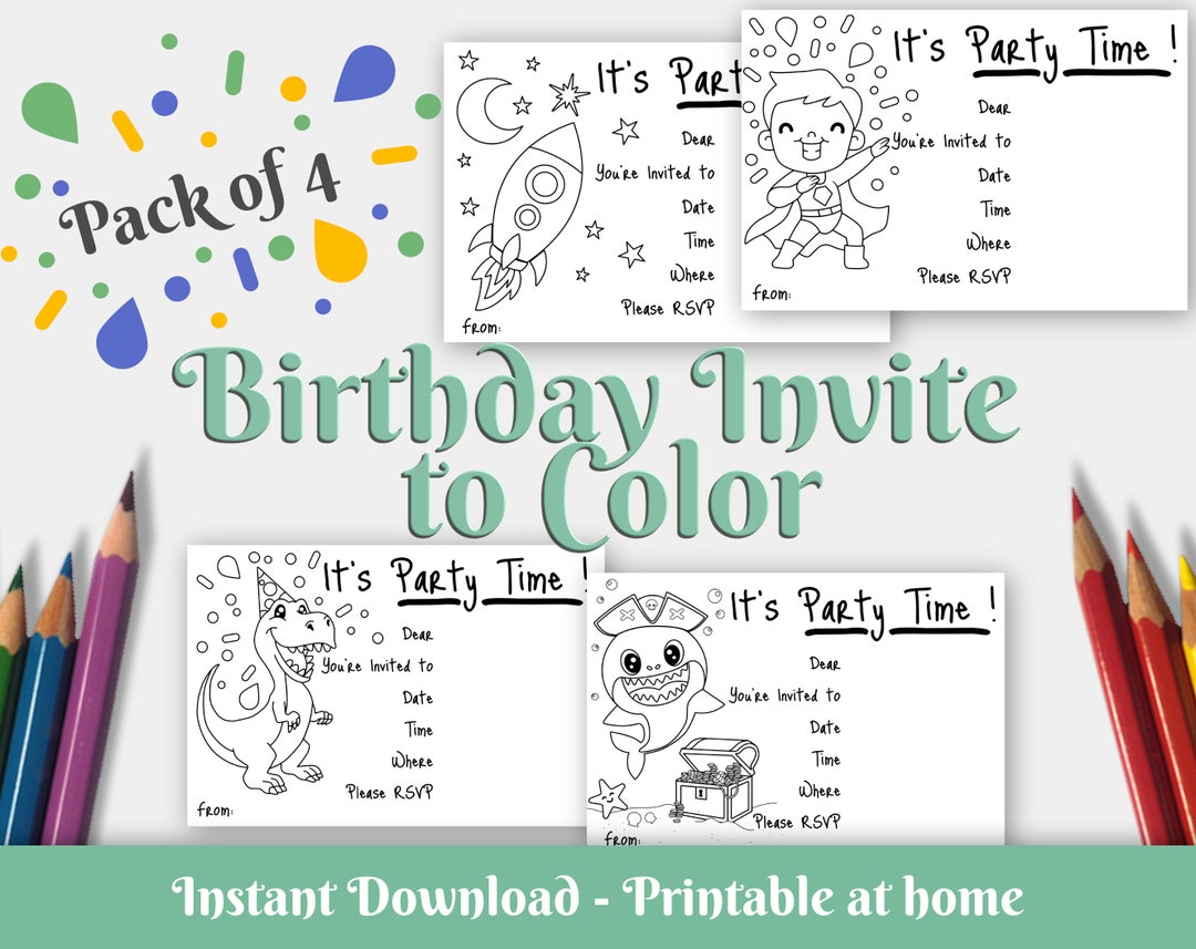 Birthday Invitations to Color Digital Download to Print at Home Pack of ...