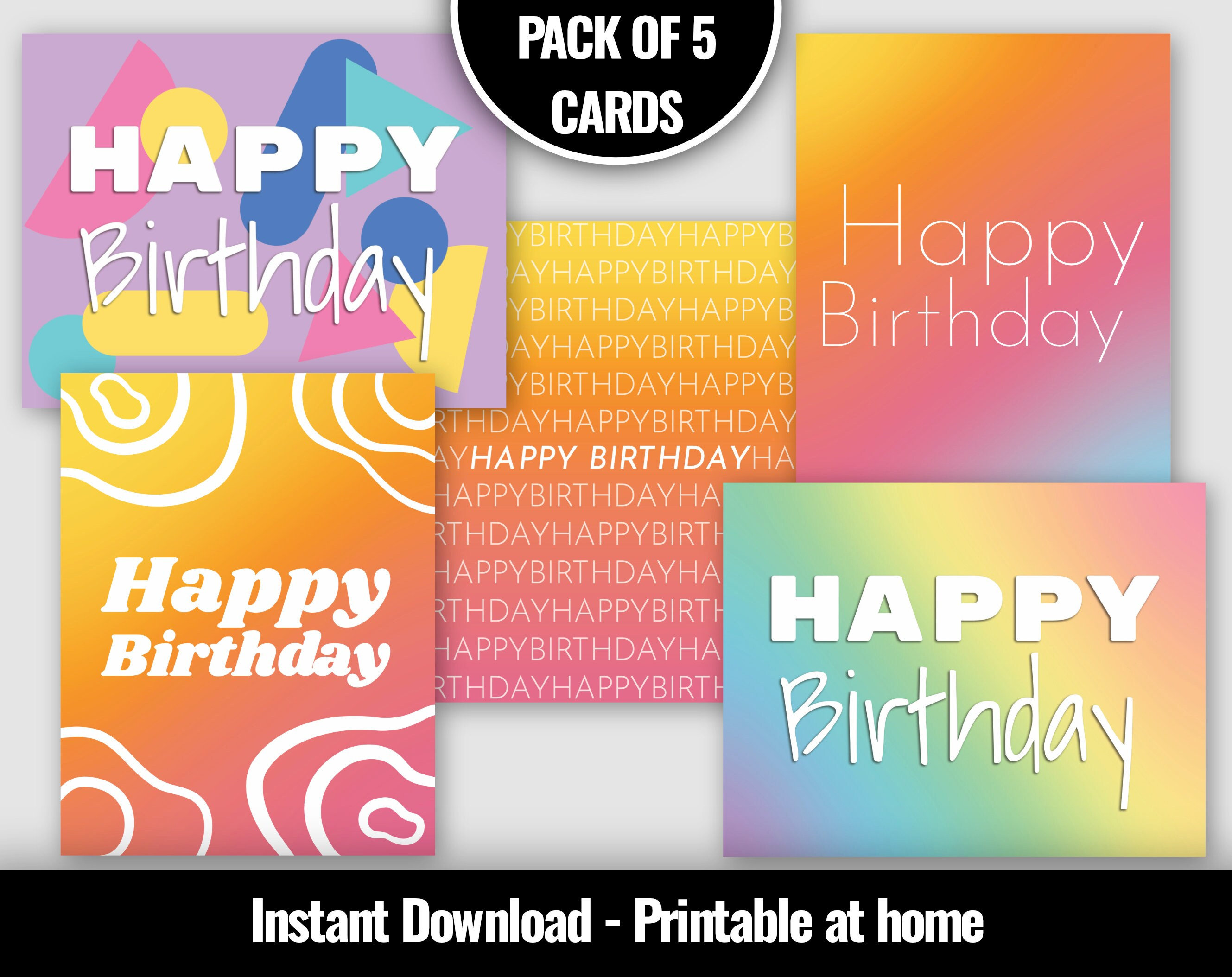 Colorful Birthday Cards to Download and Print at Home Pack of 5 - Etsy