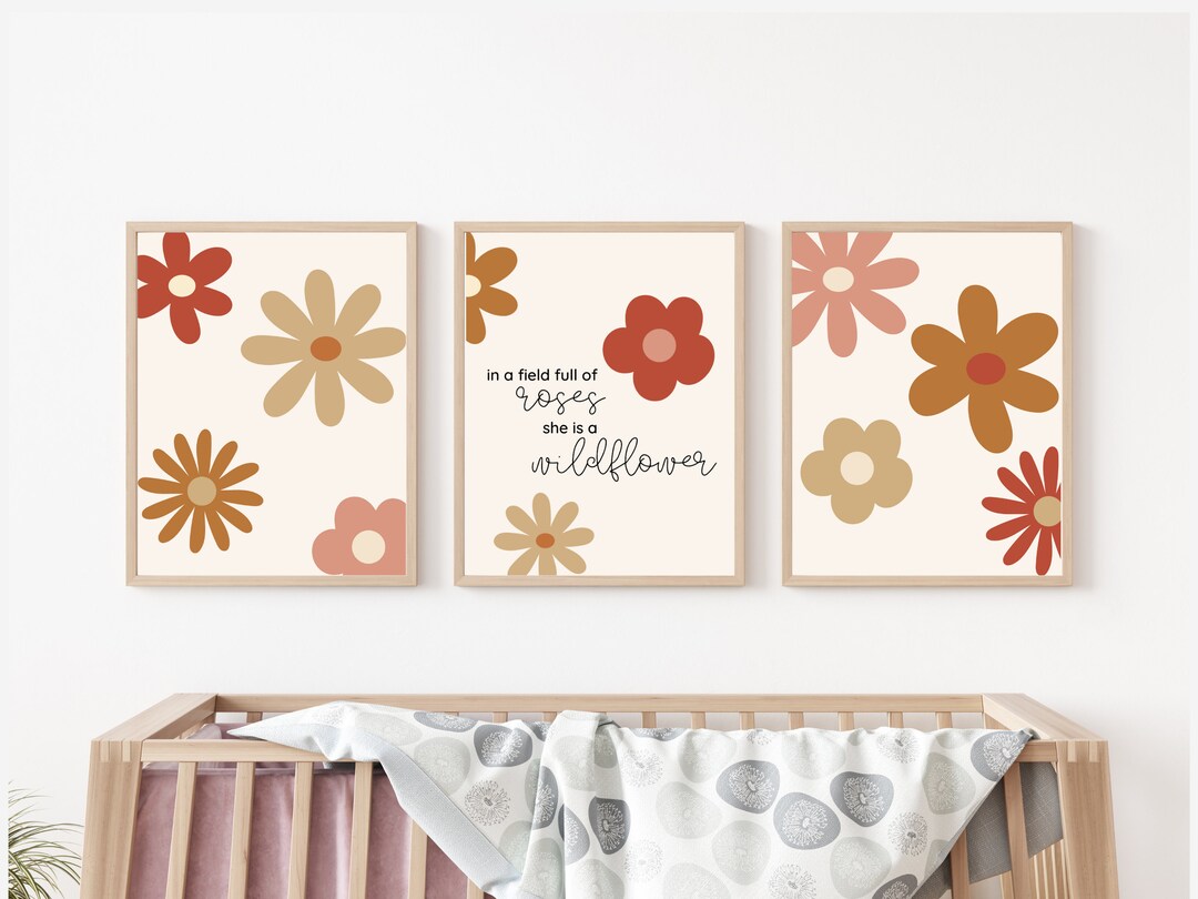 Groovy Neutral Flowers Nursery Art, Toddler Wall Art, Digital Art Print ...