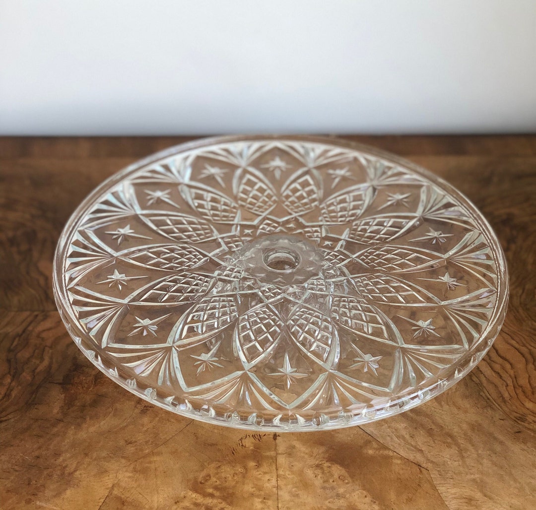 30cm Glass Footed Floral Cake Stand, Vintage Pressed Glass Pedestal ...