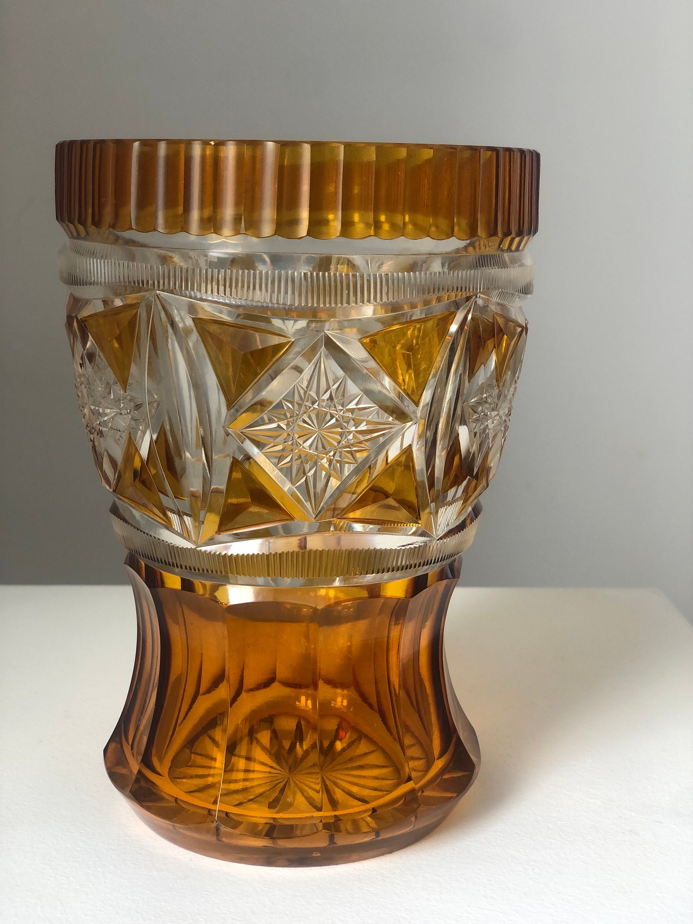 Mid Century Traditional Cut Glass Crystal Amber Glass Vase, Vintage ...
