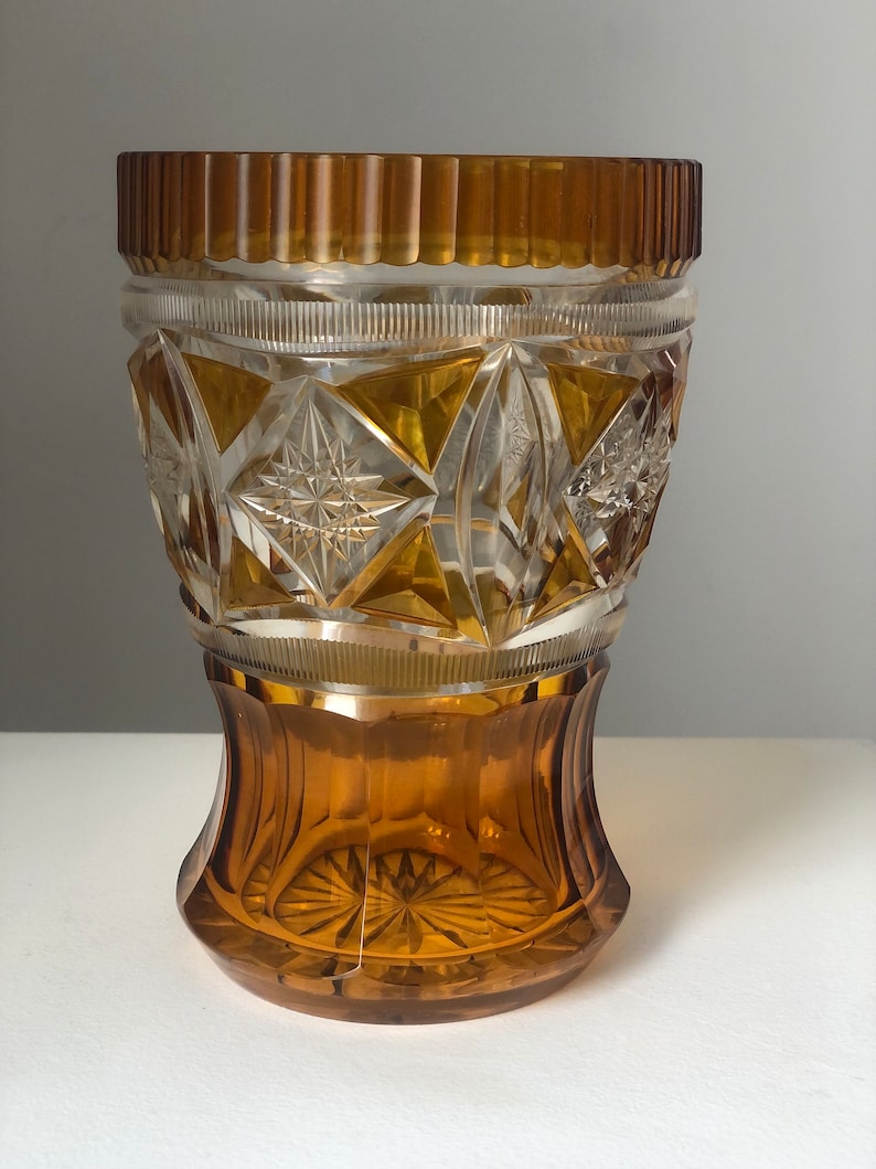 Mid Century Traditional Cut Glass Crystal Amber Glass Vase, Vintage ...