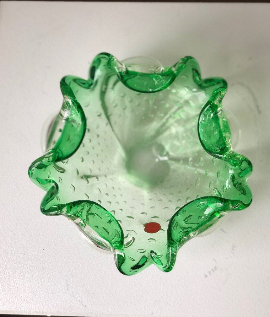 Vintage Murano Ruffled Top Green Glass Bowl, Freeform Glass Ashtray ...