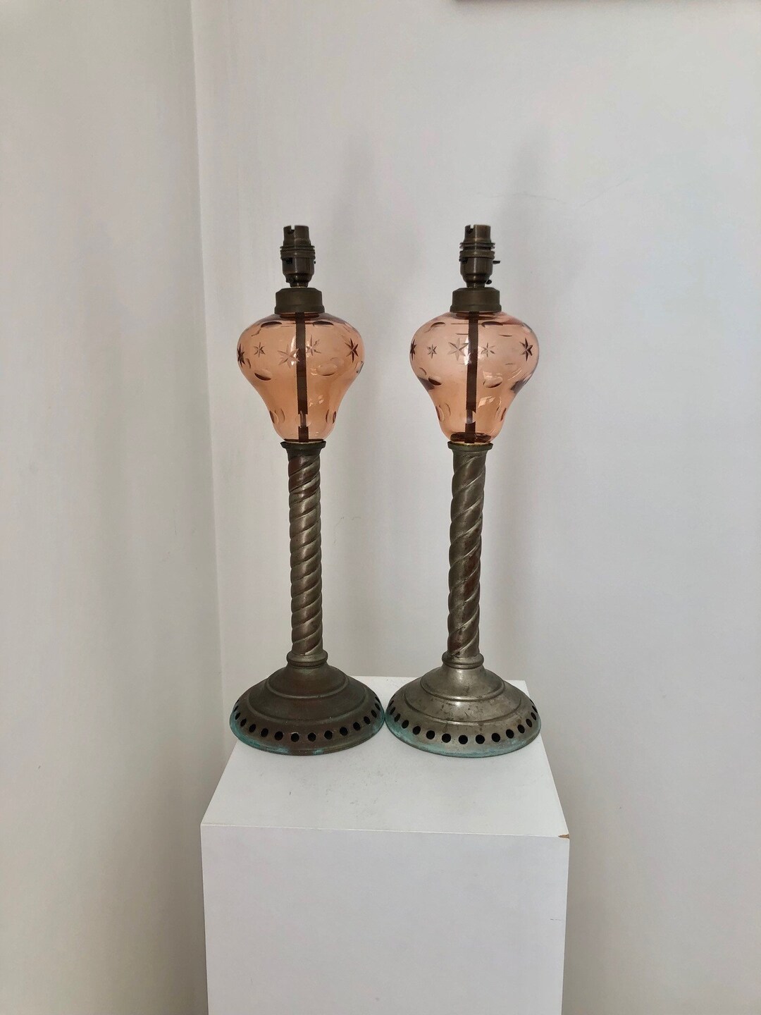 Pair Vintage Art Deco Tall Pink Glass Twisted Stem Table Lamps ...