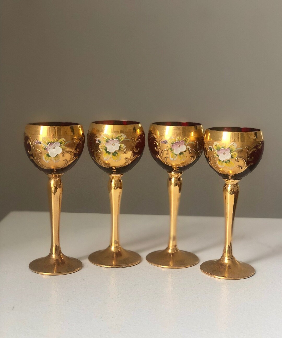 4-piece Vintage Murano Tre Fouchi Red Gold Aperitive Glasses, Set of 4 ...