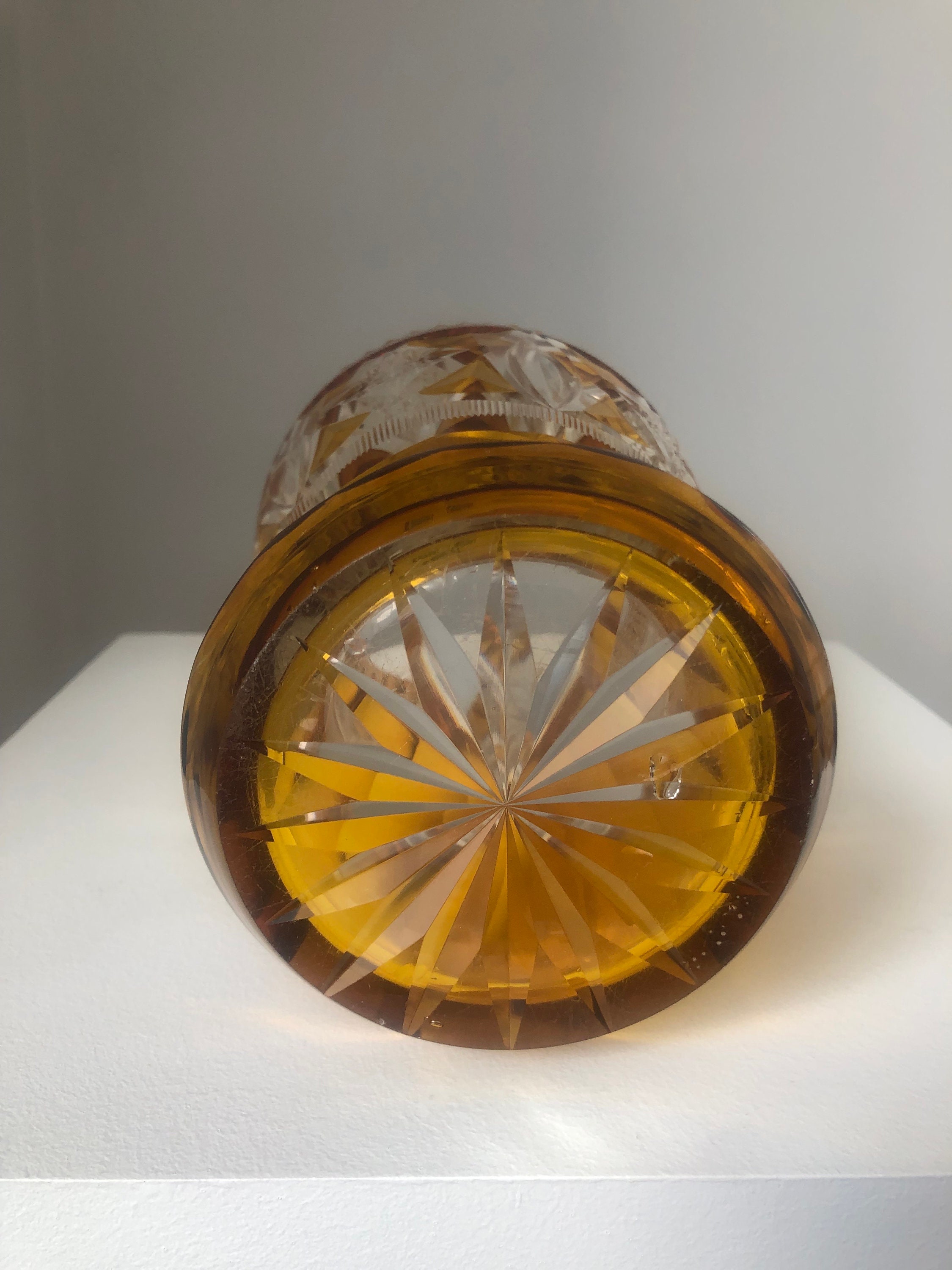 Mid Century Traditional Cut Glass Crystal Amber Glass Vase, Vintage ...