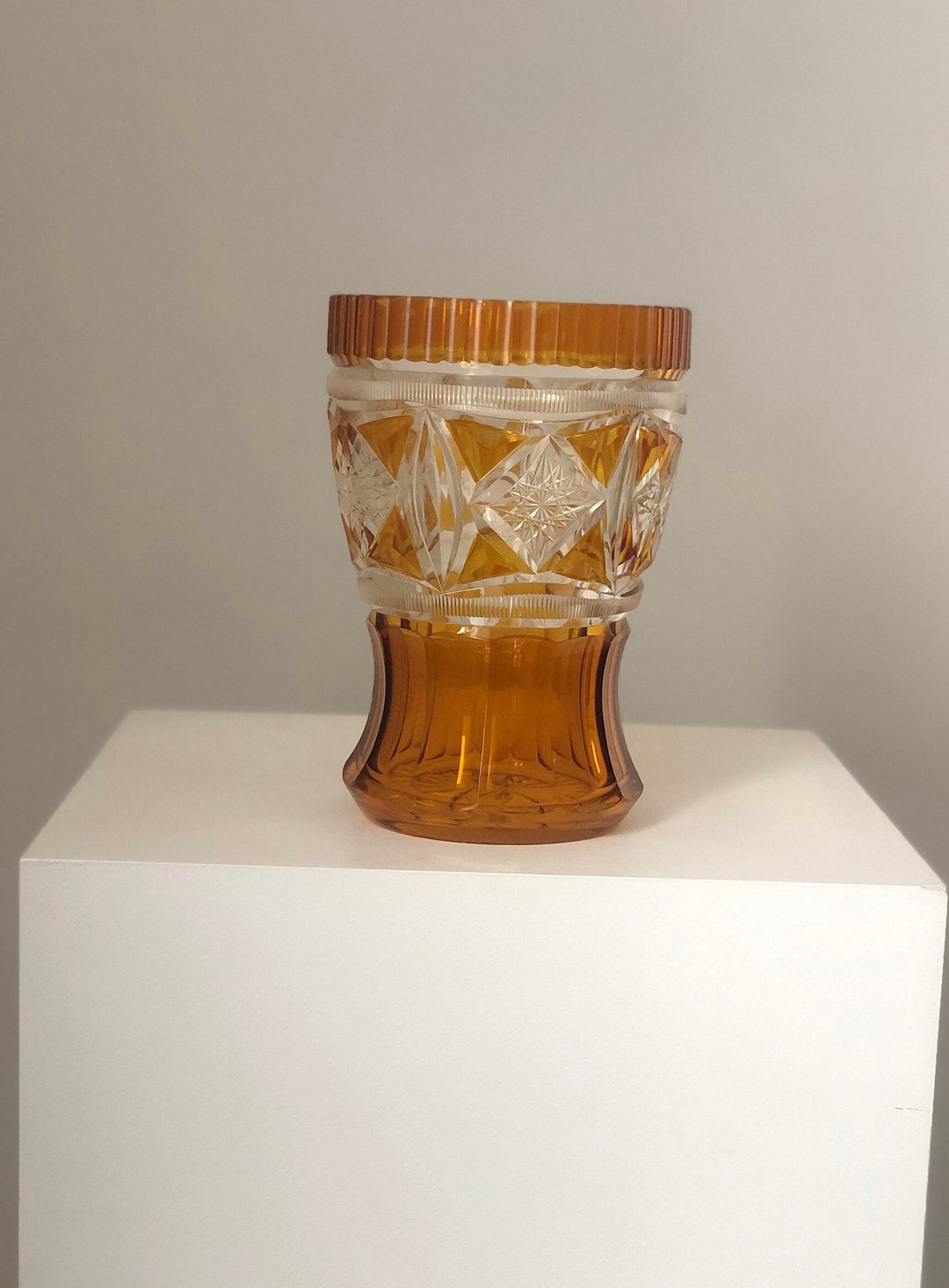 Mid Century Traditional Cut Glass Crystal Amber Glass Vase, Vintage ...