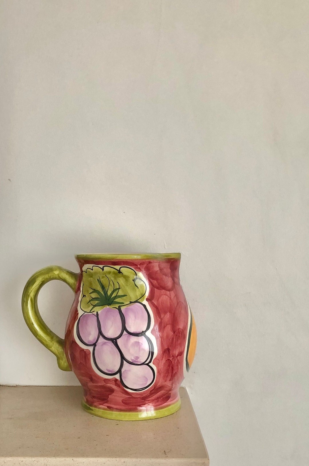 Large Pink Majolica Ceramic Jug With Grapes, Vintage Hand Painted ...