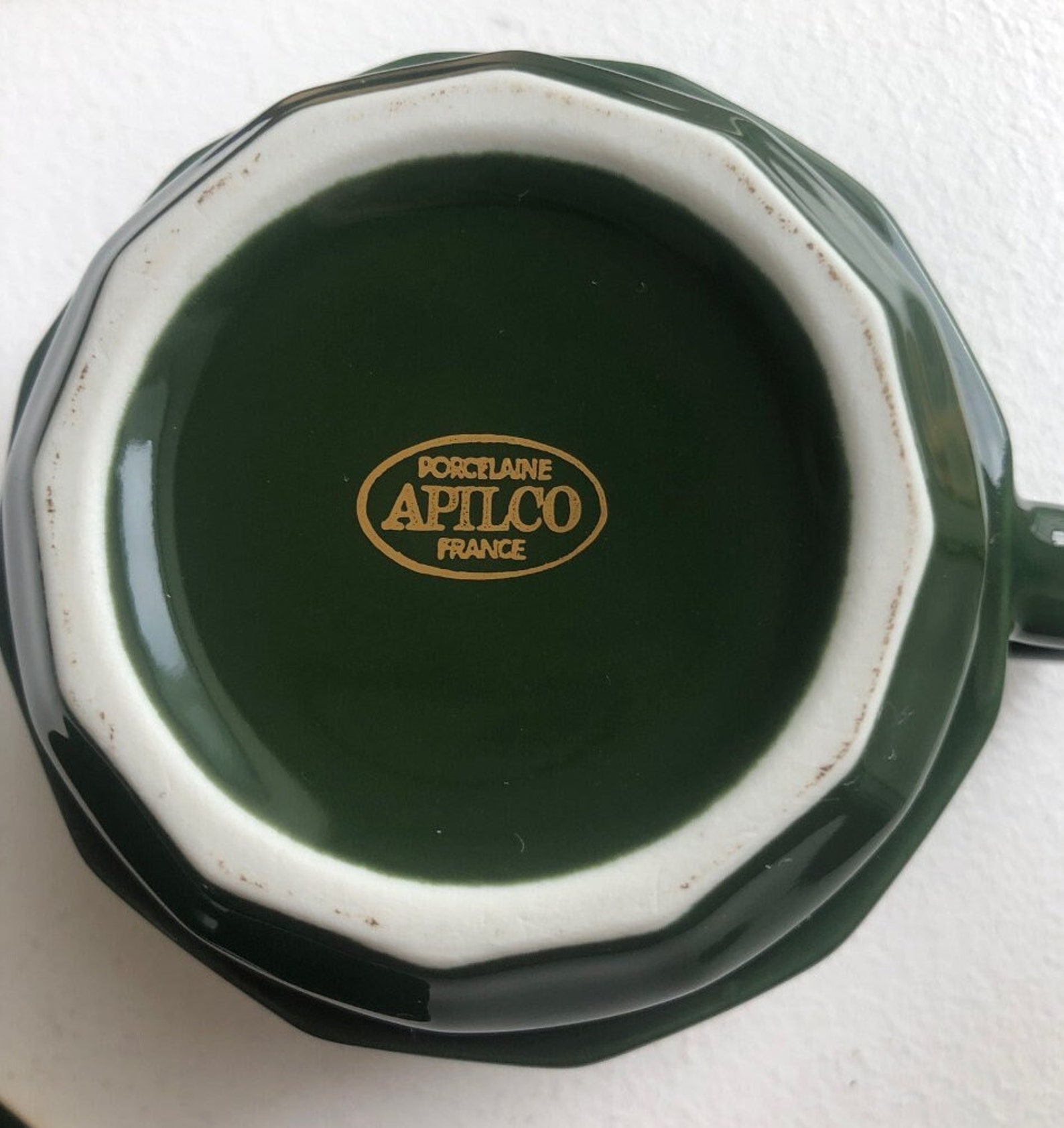 9-piece Vintage Apilco Green Gold Tea Cups and Saucers, Bistro Ware Coffee Cups and Creamer ...