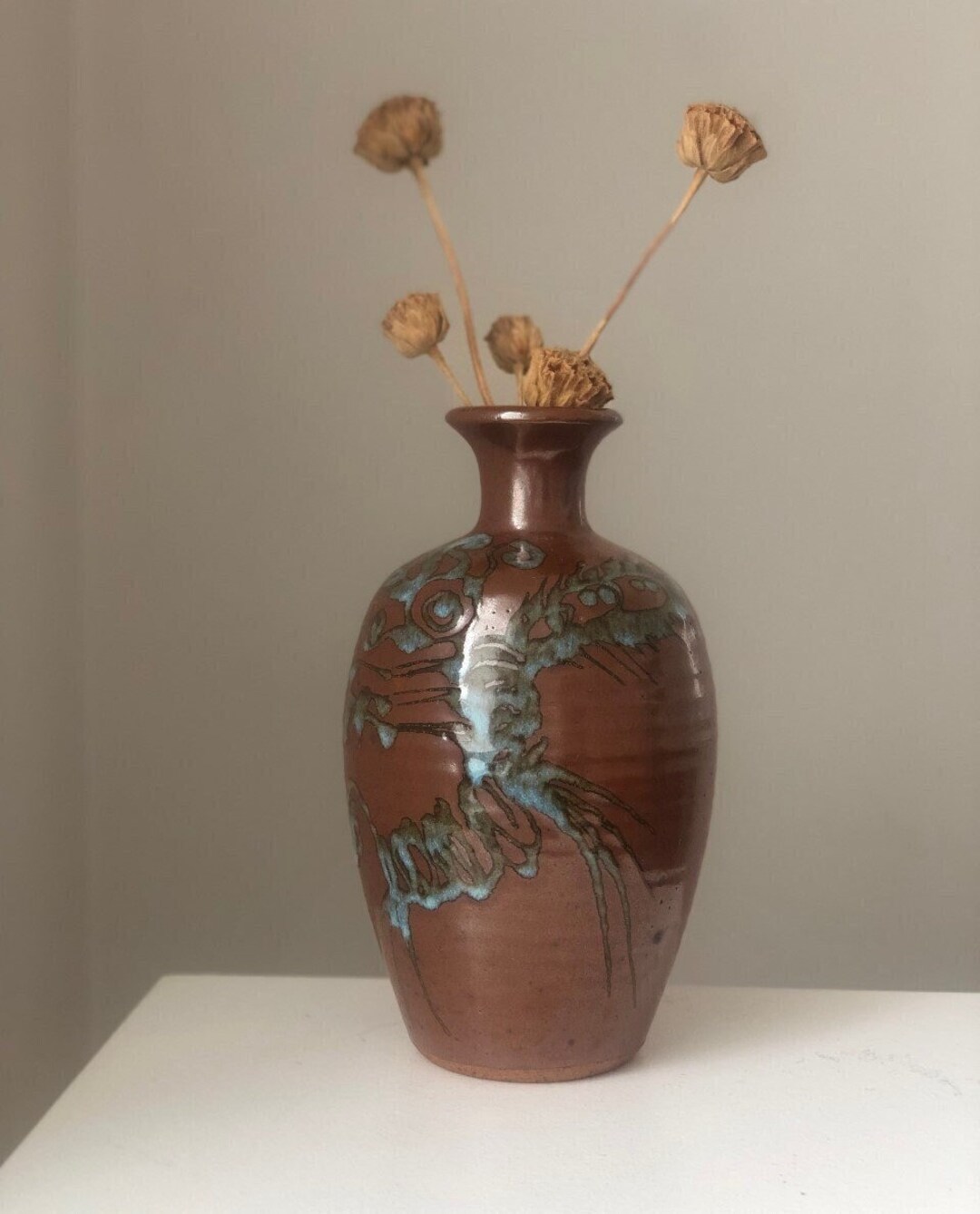 Vintage Studio Pottery Glossy Brown Vase With Grey Abstract Pattern ...
