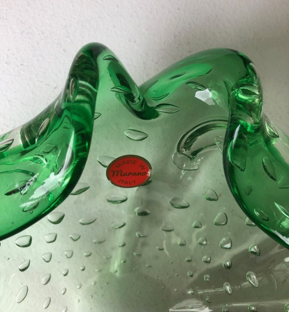 Vintage Murano Ruffled Top Green Glass Bowl, Freeform Glass Ashtray ...
