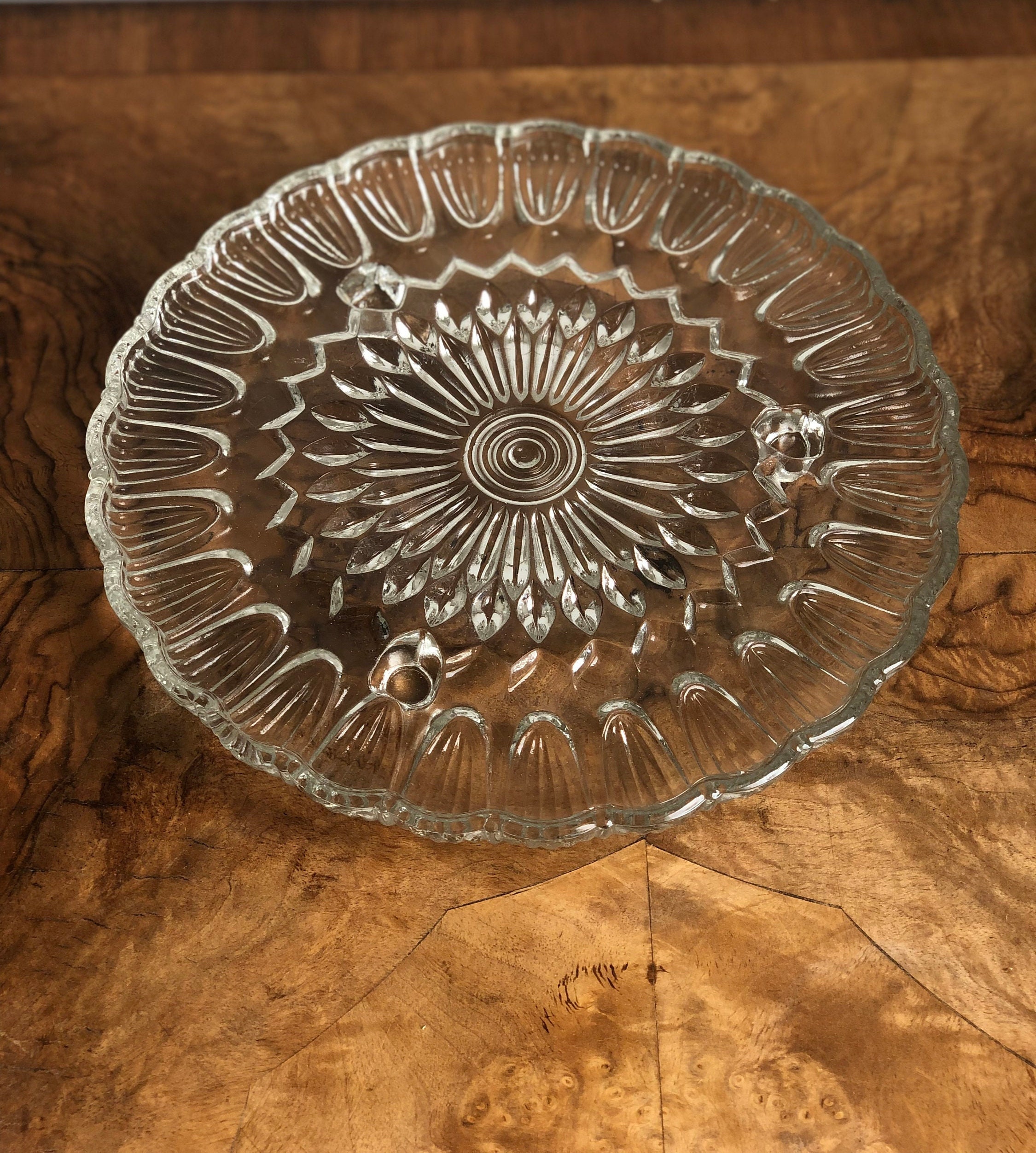 Vintage Pressed Glass Footed Floral Serving Platter, Round Scalloped ...