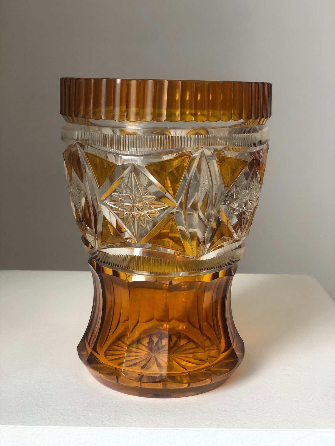 Mid Century Traditional Cut Glass Crystal Amber Glass Vase, Vintage ...