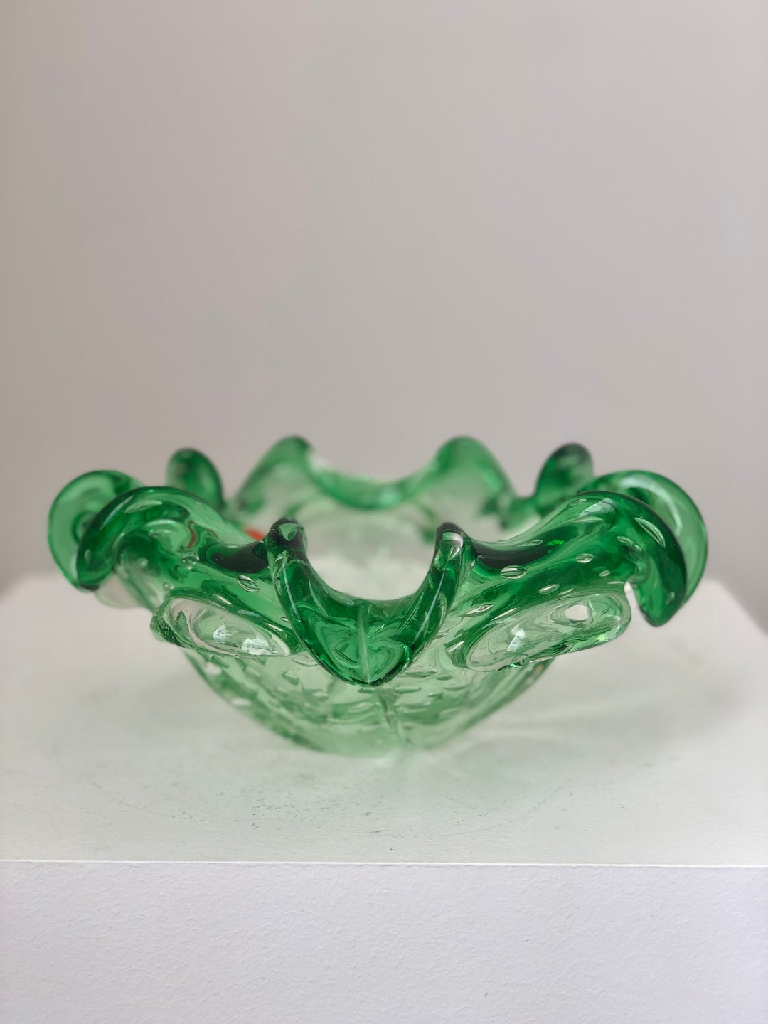 Vintage Murano Ruffled Top Green Glass Bowl, Freeform Glass Ashtray ...