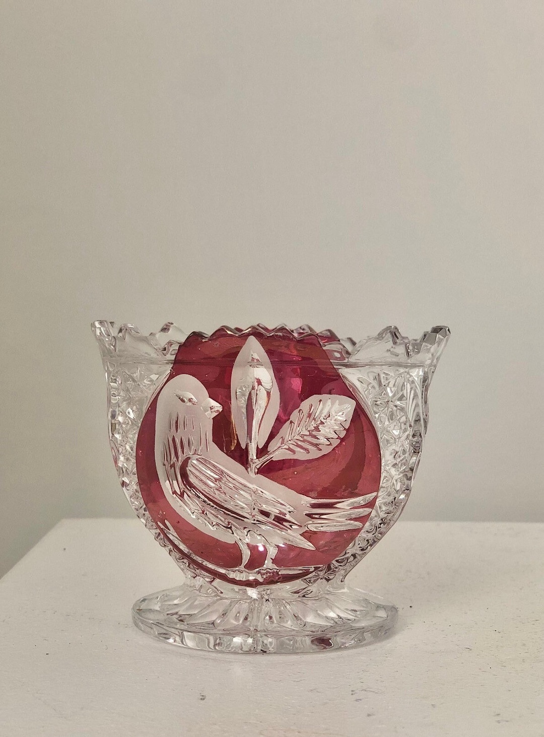 Vintage Ruby Red Small Crystal Glass Bowl, Etched Bird Footed Glass ...