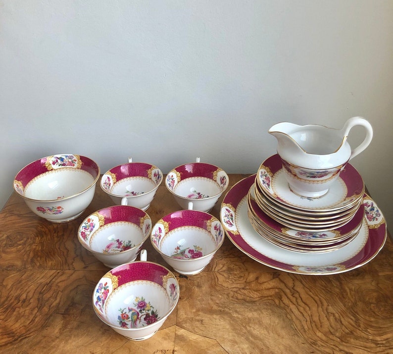 Antique English Pink Bird of Paradise Tea Set: Grosvenor China, 1920s ...